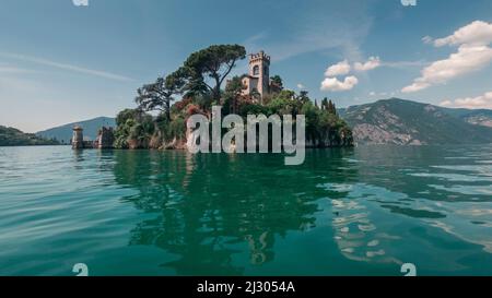 Castle Castello della Isola di Loreto on island in Lake Iseo from above ...