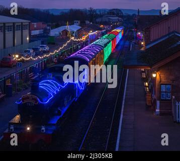 Locomotive 7828 Odney Manor pulling the illuminated 'Winter Lights' Christmas special passenger ...