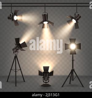 Spot light lamps, realistic stage beams. Spotlight effect in dark floor, bright night shine ...