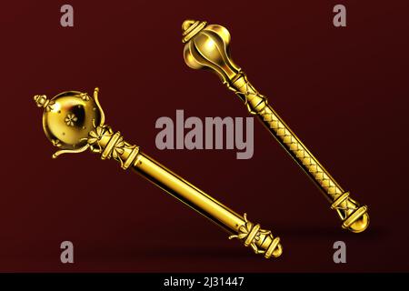 Gold royal scepters, king and queen wands. Vector realistic set of ...