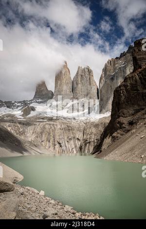 The granite columns of the Torres del Paine mountain massif, Lago ...