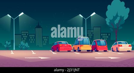 Cars on parking lot in summer city. Vector cartoon illustration of ...