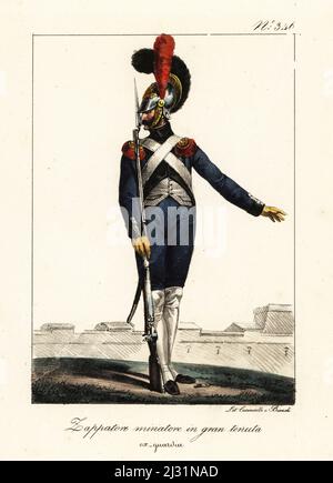 Sapper in full-dress uniform, Napoleon's Army. In dragoon's helmet with ...