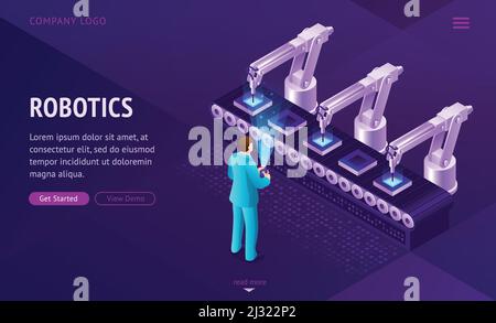 Robotics factory conveyor belt isometric landing page. Robot arms create electronics production ...