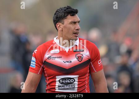 Elijah Taylor #13 of Salford Red Devils passes the ball during the game ...