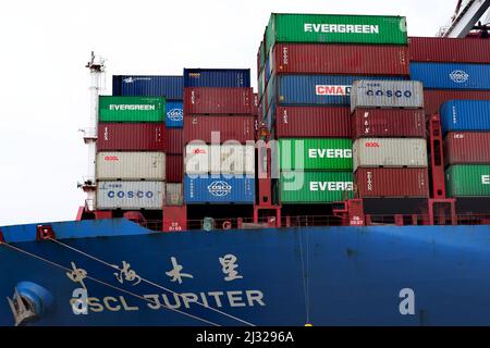 QINGDAO, CHINA - APRIL 5, 2022 - Freighters load and unload goods at ...