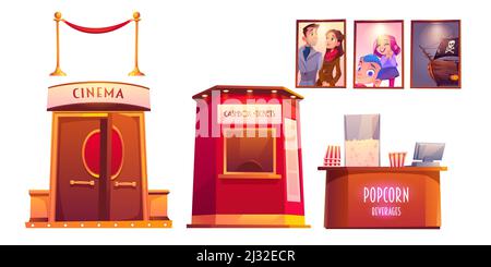 Cinema with cashbox and counter with popcorn. Vector cartoon ...
