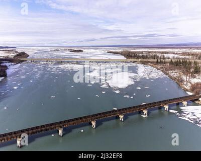 Aerial of Spring Breakup on the Knick River, between Anchorage and ...