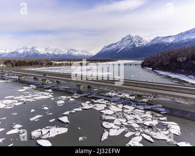 Aerial of Spring Breakup on the Knick River, between Anchorage and ...
