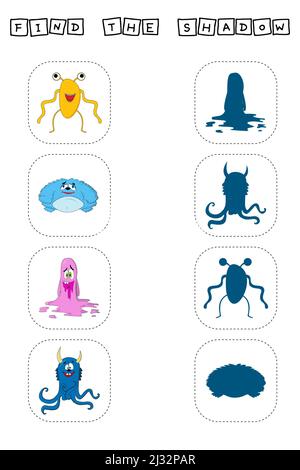 Find a pair or shadow game with funny monsters. Worksheet for preschool ...