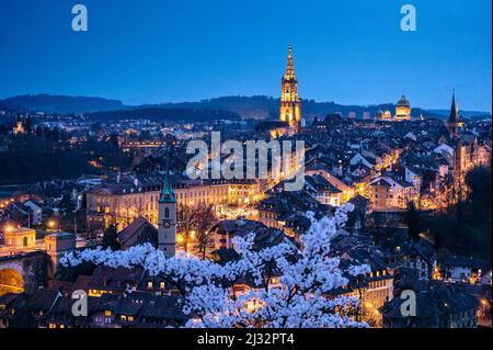 view from Rosengarten over the historic center of Bern during cherry ...