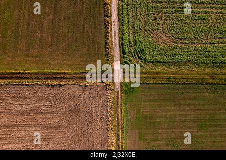 A crossing of two country lanes separates arable land and fields in ...
