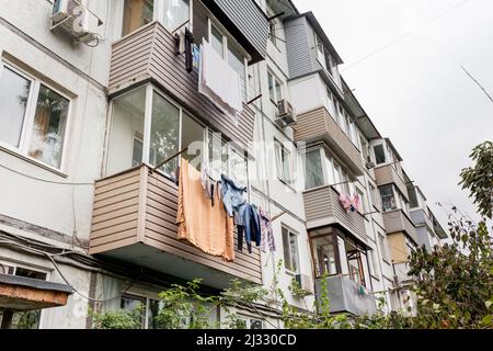 View of Khrushchyovka, common type of old low-cost apartment building ...