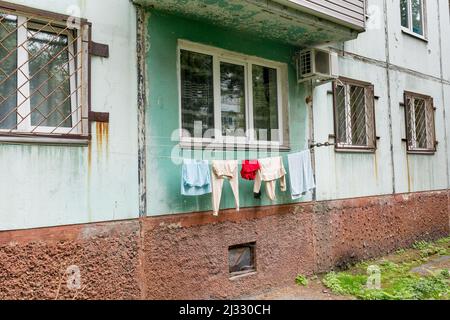 View of Khrushchyovka, common type of old low-cost apartment building ...