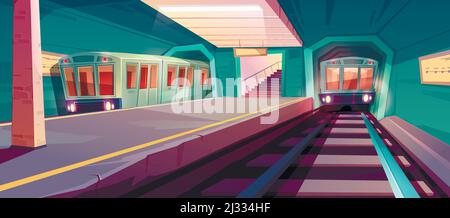Metro station, arriving train to empty subway platform from underground ...