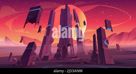 Alien planet landscape with rocks, cracks and glowing spots. Vector ...