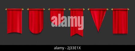 Blank red flags. Realistic vertical signage and pennants on gold ...
