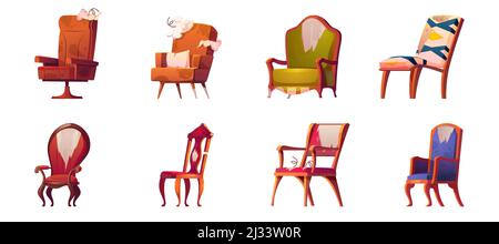 Broken chairs and armchairs old furniture isolated set, defected home ...