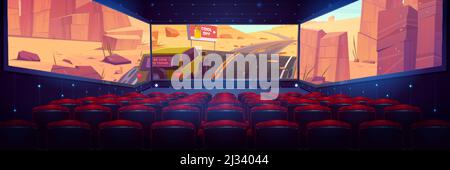 Movie theater hall with three-sided panoramic screen and audience seats ...