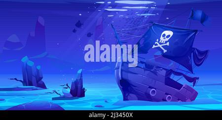 Wreck pirate ship, sunken filibuster vessel, wooden boat with jolly ...