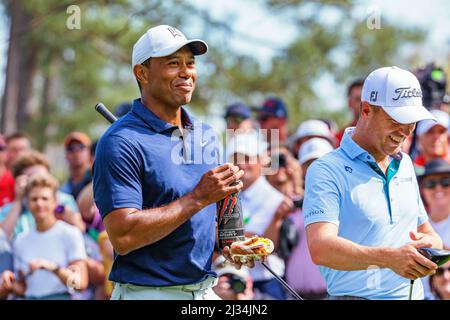 Augusta National Golf Club. 04th Apr, 2022. Tiger Woods hits the ball ...