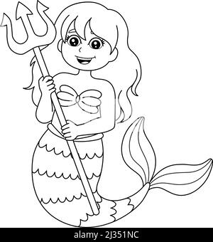 Mermaid Holding Trident Coloring Page for Kids Stock Vector Image & Art ...
