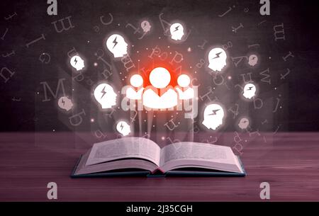 Open book with social networking icons above Stock Photo - Alamy