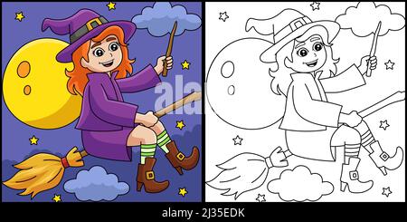 Witch Girl In A Broomstick Coloring Page Isolated Stock Vector Image ...