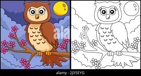 Owl On A Tree Branch Coloring Page for Kids Stock Vector Image & Art ...