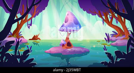Fantasy landscape with huge mushroom in forest pond or swamp. Alien or ...