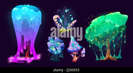 Fantasy creepy plants, trees with dripping slime, mushroom, flower ...