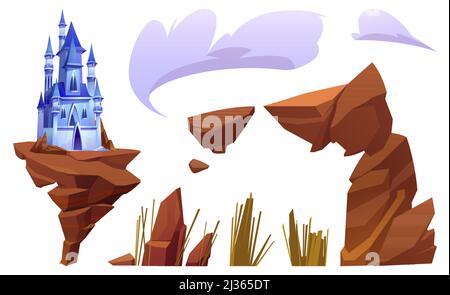 Fantasy blue castle on rock at morning. Vector cartoon mountain ...