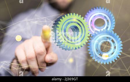 A 3d render of Connecting gears, lines and dots. Big data visualization ...