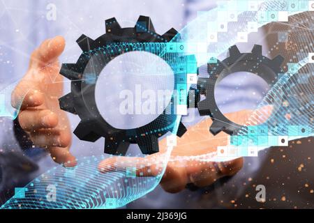 A 3d render of Connecting gears, lines and dots. Big data visualization ...