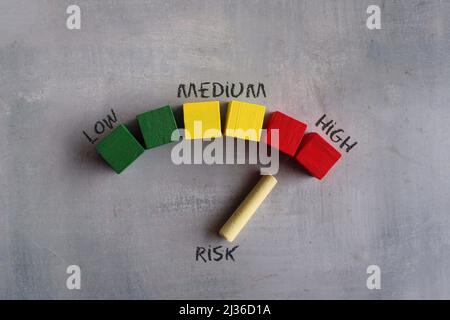 Colorful wooden cubes and chalkboard. Risk indicator, risk meter ...