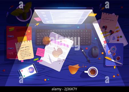 Messy workplace top view, clutter office desk, work space with mess ...