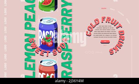 Sweet soda banner. Website design of fizzy drinks with fruits juice ...
