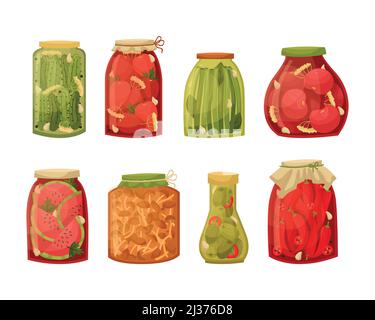 Set of canned food. Preserved food in cans, glass jars, metal ...