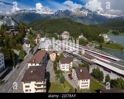 Train in St Moritz station on the Bernina Express St Moritz to Tirano ...