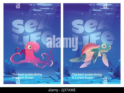 Scuba diving flyer underwater landscape. Cartoon vector invitation ...