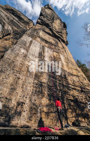 Epic sport climbing on giant sandstone cliffs of Elbe sandstone towers ...