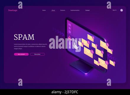 Spam overload, warning notification in mailbox mobile app, threat of phishing and fraud set ...