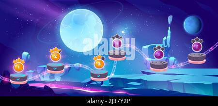 Space game level map with platforms, alien landscape, flying spaceship ...