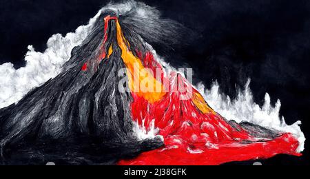 Apocalypse, volcanic eruption. Lava magma flows flow down volcano mouth ...