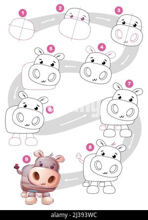 How to Draw a Hippopotamus. Step by Step Drawing Tutorial. Draw Guide. Simple Instruction ...