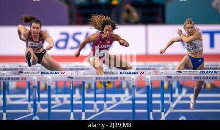 Gabriele Cunningham competing in the 60m hurdles semi finals on Day Two ...