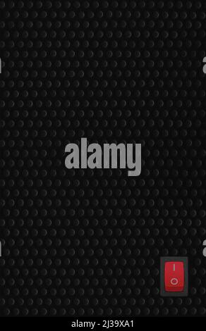 Red rectangle rocker power switch in on position, black abstract dot ...