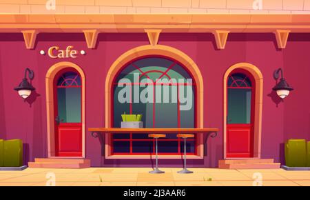 Cafe or restaurant terrace with wooden bar counter, seats, flowers and ...