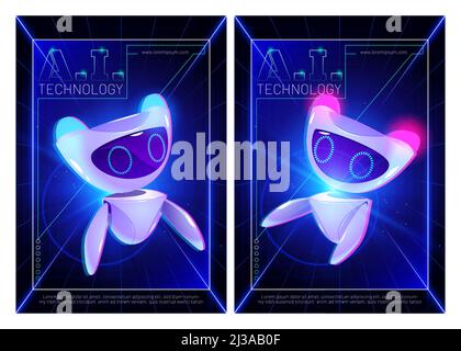 AI technology posters with cute robot character. Artificial ...