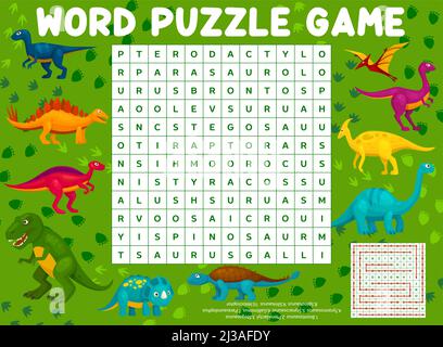 Cartoon dinosaur reptiles, crossword vector worksheet or find word quiz ...